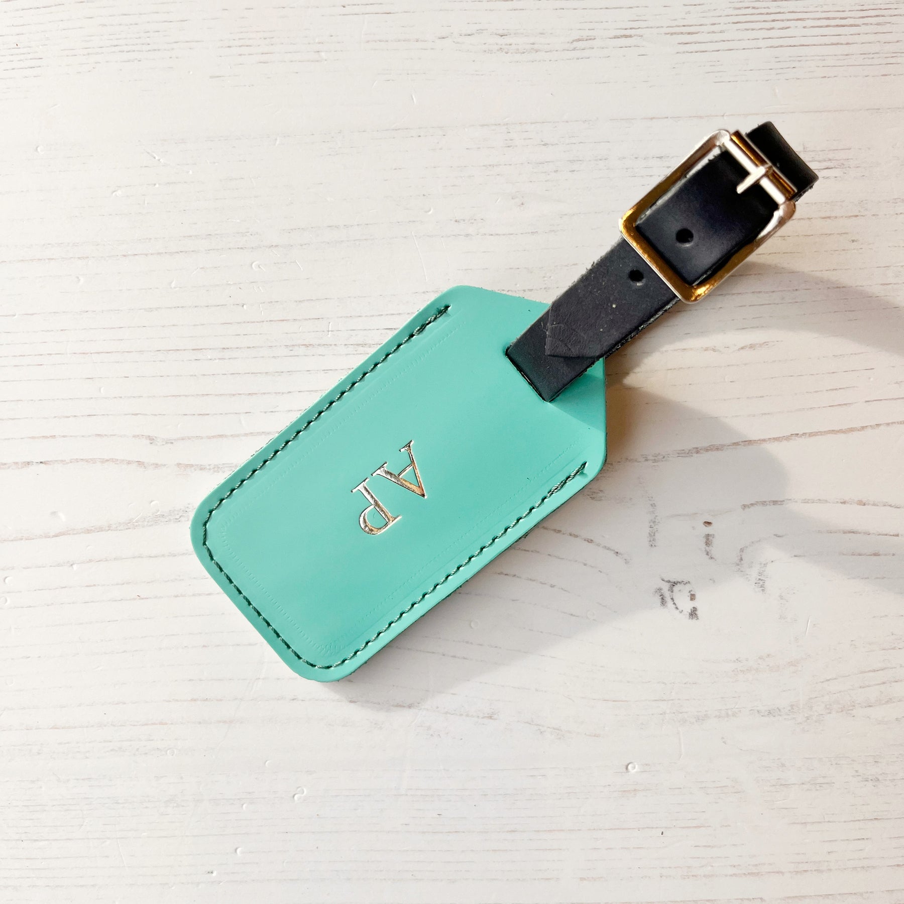 Personalised Aqua Blue Leather Luggage Tag | Pedal & Brass
