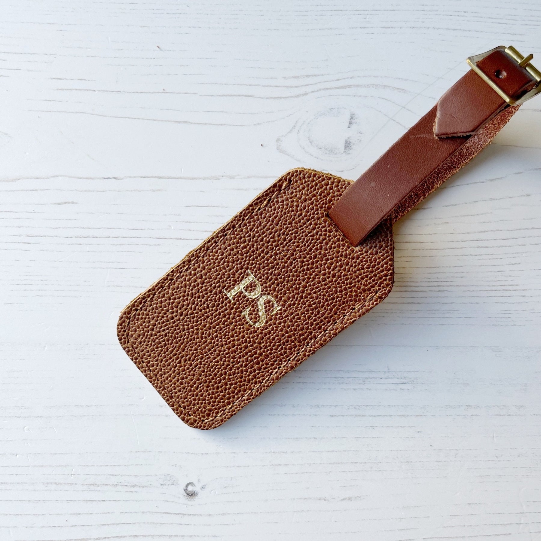 Personalised Brown Pebble Grain Leather Luggage Tag | Pedal & Brass